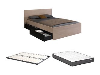 Vente-Unique Bett mit 4 Schubladen + Lattenrost + Matratze - 140 x 190 cm - Naturfarben & Schwarz - VELONA