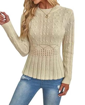 Generic Haut en tricot &eacute;pais &agrave; manches longues et col rond pour femme, pull ajust&eacute; &agrave; manches longues pour lautomne, abricot, XXL