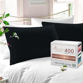 Pizuna Coton Peigné Set de 2 Taies doreiller 50x75 cm Noire, 100% Coton Longue Tige 400 Fils Armure Satin Taies doreiller en Coton 50x75 avec Rabat de 20cm (