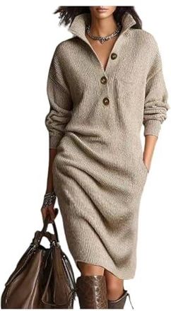 ORANDESIGNE Robe Pull Femme Hiver Tunique Longue Col Montant Chic et Elegant Robe Mi Longue avec Poches A Kaki XL