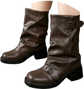ORANDESIGNE Bottes Western &agrave; Tige Large Femme Bottes Motardes &agrave; Plateforme en Cuir PU A Cachi 43 EU