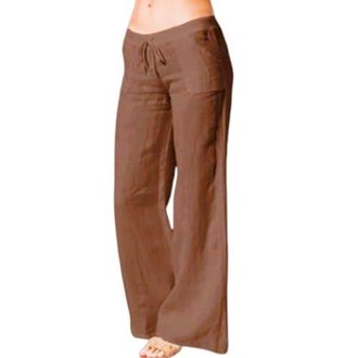 Generic Pantalon palazzo fluide en coton et lin pour femme avec cordon de serrage et taille &eacute;lastique avec poches, caf&eacute;, 5XL