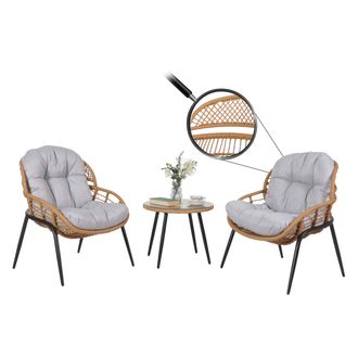 Mendler Poly-Rattan Garnitur HWC-N33, Balkon-Set Gartengarnitur Sitzgruppe Stuhl Beistelltisch - naturfarben, Polster hellgrau