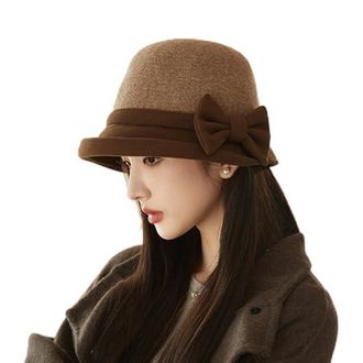 Generic Chapeau cloche - Vintage - Pour femme - En feutre - Chaud - &Eacute;l&eacute;gant - En feutre - Avec noeud - Pour les voyages et les loisirs, caf&eacute;, taille unique