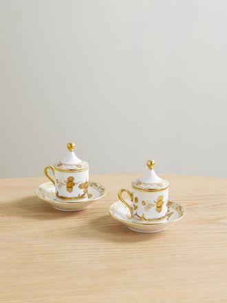 Ginori 1735 Oriente Italiano Set Of Two Gold-plated Porcelain Coffee Cups, Covers And Saucers - White