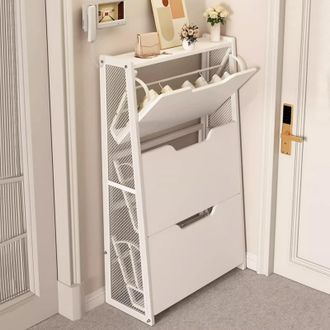 Generic Wei&szlig;es Schuhregal mit 4 Ebenen, Freistehender Schuhorganizer mit Trapezf&ouml;rmigem Stahlrahmen, Schuhst&auml;nder mit Durchbrochenen Seitenw&auml;nden for Wohnzimm