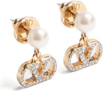 Valentino Garavani Pearl and Crystal Logo Earrings - Gold