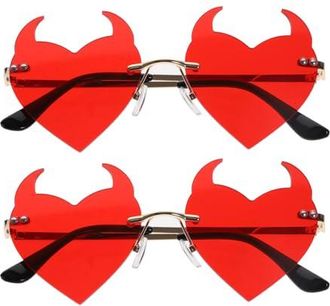 Garneck DIKACA Lot de 2 Lunettes de Soleil sans Monture de Coeur et Cornes Verres Rouges Accessoires de F&ecirc;te Asym&eacute;triques pour Femmes Lunettes DExt&eacute;rieur et S