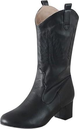 Generic Bottes de cowboy pour femme, bottes de cowboy occidentales pour femmes, bottes mi-mollet à pied large pour femme, talon bloc brodé, bottes de cowgirl 