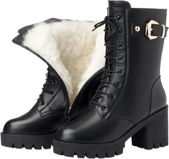 Generic Bottes tendance &agrave; lacets pour femme, bottes d&eacute;quitation confortables &agrave; plateforme mi-mollet doubl&eacute;es de fourrure, bottines dhiver &agrave; talons &eacute;pais, Doub