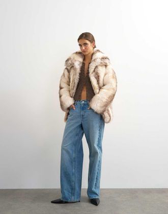Topshop manteau mi-long en fausse fourrure &agrave; rayures blanches-Multi