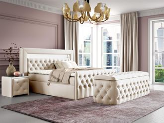 Fun M&ouml;bel Boxspringbett Schlafzimmerbett Ernesto Nr.4 inkl. Polsterhocker und 2 x Nachttisch (Cremewei&szlig;, 180x200cm)
