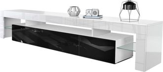 Vladon Lowboard Lima V2, Made in Germany, TV-Kommode mit 2 Klappen, 1 offenem Fach und 2 Glasablagen, Weiß Hochglanz/Schwarz Hochglanz (189 x 38 x 35 cm)