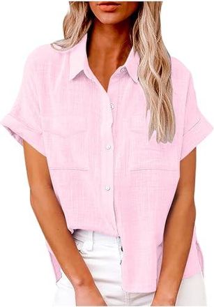 Generic Chemise boutonn&eacute;e en lin &agrave; manches courtes pour femme - Haut en lin rose &agrave; col en V pour femme - T-shirt uni surdimensionn&eacute; pour sortir, haut d&eacute;t&eacute; gra