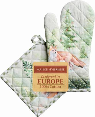 Maison d'Hermine Ofenhandschuh(19cm x 33cm) & Topflappen(20cm x 20cm) Set aus 100% Baumwolle, hitzebest&auml;ndig zum Grillen, Kochen, Backen, Grillen, Winter Mornings - Er