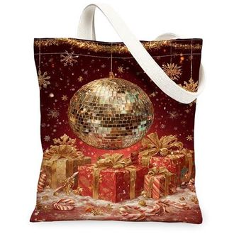 Generic Sac fourre-tout en toile motif boule disco de No&euml;l, sac d&eacute;picerie r&eacute;utilisable, vintage, l&eacute;ger, lavable, Rouge, 13x15 Inch