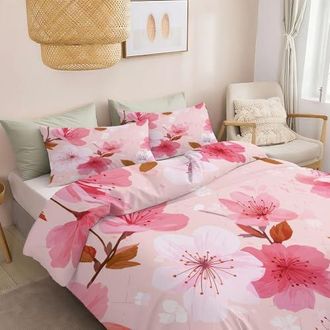 Generic Housse de Couette Imprimer Rose 200 x 200 cm, Parure de Lit R&eacute;versible Aquarelle Plantes Fleurs de Cerisier Housse de Couette Enfants Gar&ccedil;ons Filles A
