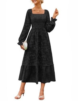 Grace Karin Robe trap&egrave;ze &agrave; manches longues pour femme avec taille &eacute;lastique, Noir, S