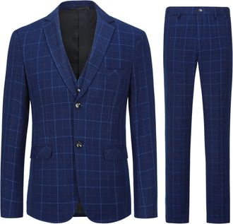 AlltheMen Herre Anzug Kariert Herrenanzug Slim Fit 3 Teilig Anzüge für Business Hochzeit 6238 Dunkelblau L