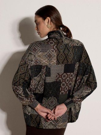 Apricot Strickpullover Rollkragenpullover im Patchwork-Tapisserie-Design