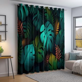 Generic Blickdichte Vorh&auml;nge Schwarz Gr&uuml;n, Tropische Elemente Bl&auml;tter Monstera Drucke 2er Set H240&times;B132 cm Verdunkelungsvorh&auml;nge Gardinen mit &Ouml;sen, Hitzeschut