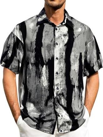 Generic Chemise en lin &agrave; manches courtes pour homme - Blanc - Coupe ajust&eacute;e - Grande taille - Haut d&eacute;contract&eacute; - T-shirt &agrave; manches longues - Coupe droite - Ha