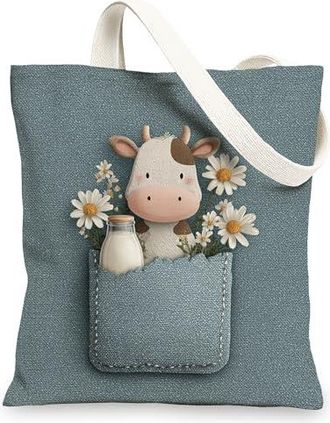 Generic Sacs fourre-tout en toile de vache, motif floral mignon, sacs dépicerie réutilisables, sacs vintage légers et lavables en toile pour, bleu, 13x15 Inch