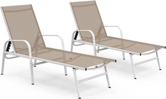IDMarket Lot de 2 transats de jardin inclinables FIDJI en acier blanc et toile beige