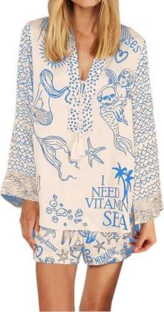 Generic Ensemble de 2 pi&egrave;ces pour femme - Cache-maillot de plage - Ensemble court - Tenue de vacances - Ensemble graphique &agrave; manches longues - Ensemble assort