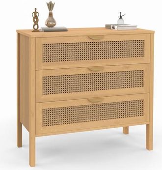 IDMarket Commode 3 tiroirs EDHEN 80 cm cannage Coloris Bois