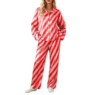 Generico Pyjama en satin pour femme Ensemble de pyjama &eacute;l&eacute;gant pour la maison, salon de loisirs, chemise de nuit et pantalon de nuit, A Rouge, M