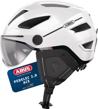 ABUS Stadthelm Pedelec 2.0 ACE - Fahrradhelm mit R&uuml;cklicht, Visier, Regenhaube, Ohrenschutz - f&uuml;r Damen und Herren - Wei&szlig; Gl&auml;nzend, Gr&ouml;&szlig;e S