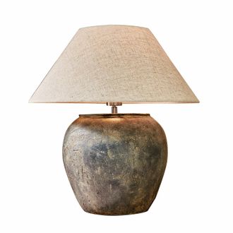 Loberon Tischlampe Shiva, Keramik, Eisen, Leinen, H/&Oslash; ca. 36/30 cm, antikbraun/creme