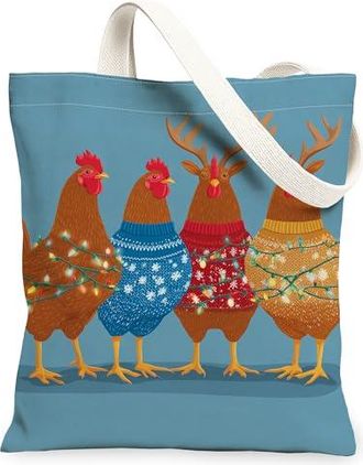 Generic Sacs fourre-tout en toile avec motif de poules de No&euml;l, sacs d&eacute;picerie r&eacute;utilisables, r&eacute;tro l&eacute;gers, lavables pour voyage, plage, bleu, 13x15 Inch