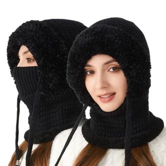 Generic Bonnet 3 en 1 avec &eacute;charpe et masque, bonnet 3 en 1 pour femme, &eacute;charpe de ski tricot&eacute;e et masque, cagoule, Noir, taille unique