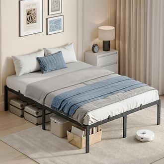 Vasagle Cadre de Lit 140 x 190 avec Sommier Métal, Cadre en Métal, Espace de Rangement au Dessous, Moderne, Lit dInvité, Montage Facile, Noir dencre RMB153BD0