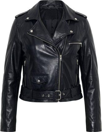 Ulla Popken Lederjacke Biker-Lederjacke Reverskragen G&uuml;rtel Langarm