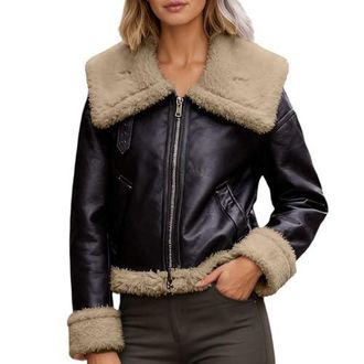 Generic Veste en Cuir Surdimensionn&eacute;e pour Femmes, Manteau dhiver en Peau De Mouton Doubl&eacute; Polaire &Eacute;paisse, Veste Aviateur Courte