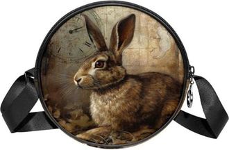 Generic Sac &agrave; bandouli&egrave;re rond pour femme, motif lapin vintage, sac &agrave; dos &agrave; bandouli&egrave;re avec fermeture &eacute;clair, bretelles r&eacute;glables, sac &agrave; main rond d&eacute;contract