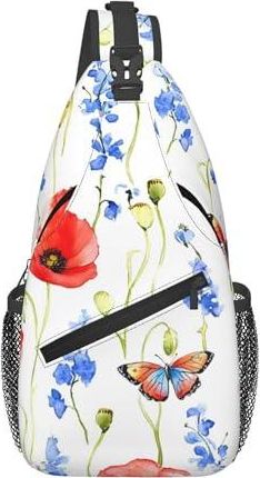 Generic Sacoche Port&eacute; &eacute;paule Papillons et coquelicots &agrave; laquarelle Polyester Sac De Poitrine Antivol Sac DEpaule pour Cyclisme &eacute;cole Randonn&eacute;e
