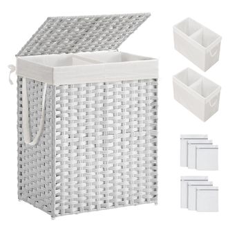 Songmics W&auml;schekorb mit Deckel, 90 l, 2 herausnehmbare Beutel und 6 Netztaschen, doppelter W&auml;schekorb f&uuml;r Badezimmer, 33 x 18,1 x 23,6 cm, Wei&szlig; ULCB251W01V1