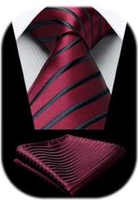 Hisdern Cravate Homme Mouchoir &Eacute;l&eacute;gant Classique Ray&eacute; Cravates Pour Hommes Et Pochettes Ensemble Mariage Fete Anniversaire (one size, Rouge/Noir)