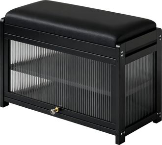 Generic Schuhbank mit Sitzfl&auml;che Landhausstil Bambusrahmen Transparente Acrylt&uuml;ren Sitzkissen Aus Leinen Sitzbank mit Stauraum f&uuml;r Eingangsbereich, Flur, Wohn