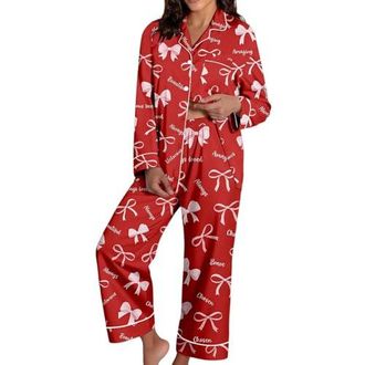 Generic Ensemble de pyjama en satin &agrave; manches longues pour femme - Imprim&eacute; mignon - V&ecirc;tement de nuit l&eacute;ger pour le printemps - V&ecirc;tements de nuit boutonn&eacute;s - V