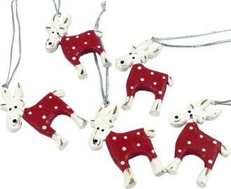 Guru Shop Geschnitztes Rentier, Baumbehang 5 er Set - Rot, 5x4x1 cm