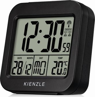 Kienzle Funkwecker Reisewecker mit Temperaturanzeige, Zwei Weckzeiten, Schlummerfunktion, LED-Hintergrundbeleuchtung, kompakt, schwarz