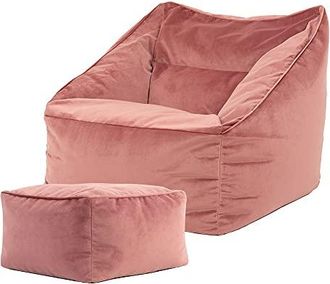 Icon Brand Natalia Sitzsack Sessel mit Hocker f&uuml;r Erwachsene, Rosa, Flauschiger Samtstoff, Riesen Sitzsack Samt mit F&uuml;llung, Bean Bag Chair, Bequemer Sessel Wohn