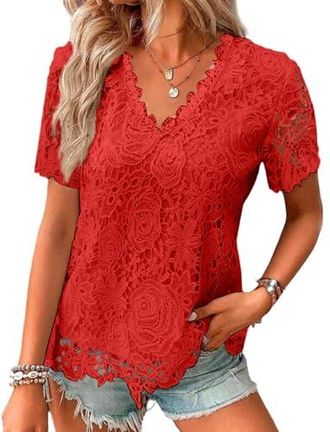 Generic T-shirt en dentelle pour femme - &Eacute;l&eacute;gant - Col en V - Manches courtes - Haut en dentelle confortable - T-shirt basique - Vacances - Tunique - D&eacute;contra