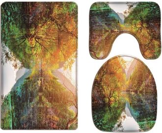 A.Monamour Badezimmer Badematte 3 Teilig Set Herbst Wald B&auml;ume See Berge Natur Landschaft Landschaft Teppich F&uuml;r Toilettenartikel Flanell Saugf&auml;hig Badteppiche B