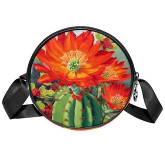 Generic Sac &agrave; bandouli&egrave;re rond pour femme, motif cactus rouge, petit sac &agrave; bandouli&egrave;re avec fermeture &eacute;clair, bretelles r&eacute;glables, sac &agrave; main rond d&eacute;contract&eacute;